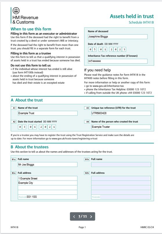 How do I prepare an IHT418 schedule?